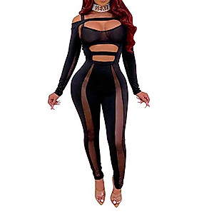 Uni Clau Women's Sexy See Through Jumpsuit Sheer Mesh Hollow Out Criss Cross Bodycon Jumpsuits One Piece Club Rompers Black XL