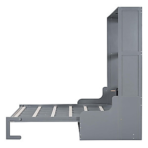 Merax Queen Size Murphy Bed, Wooden Queen Murphy Bed Wall Bed with Cushion, for Home Office or Small Room, Gray