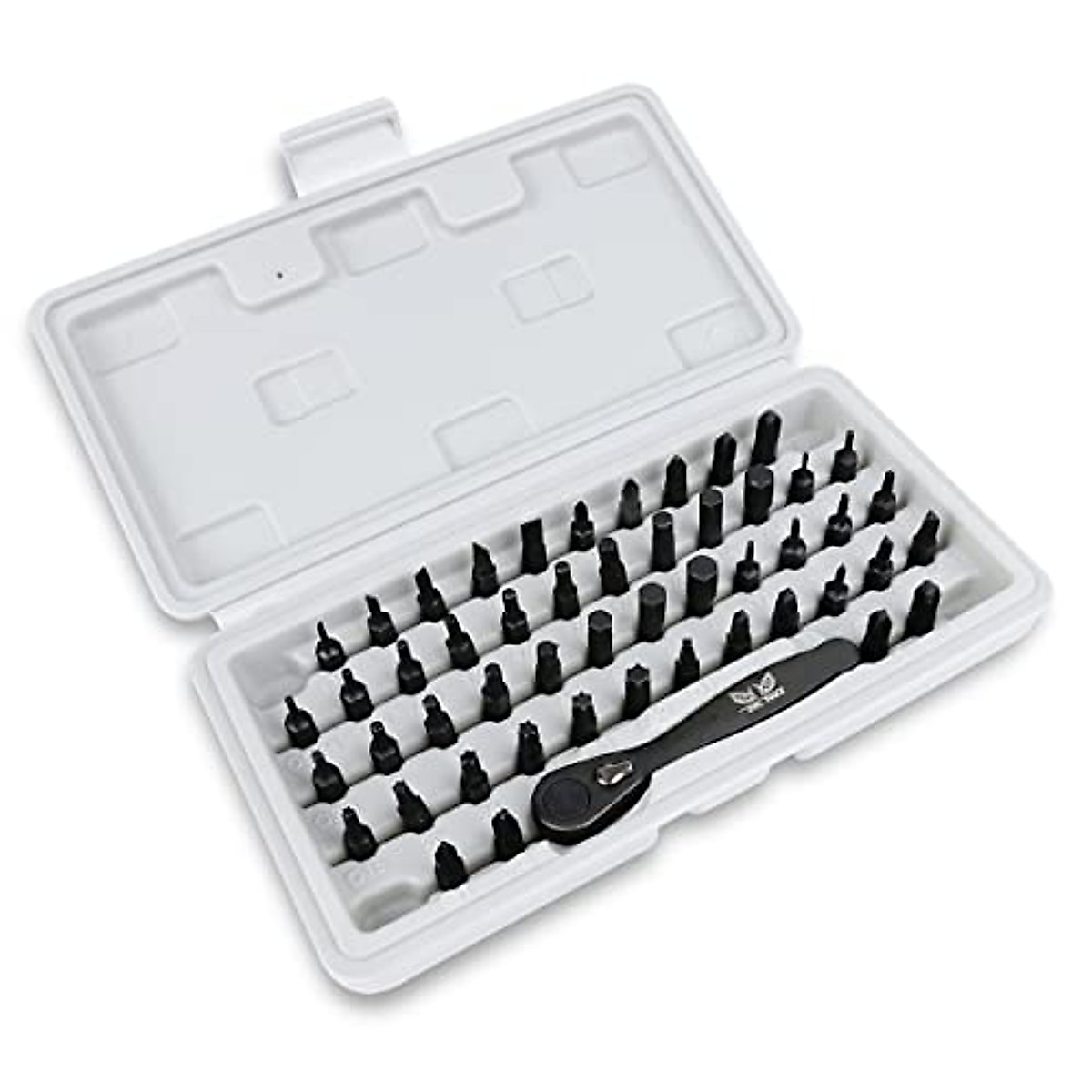 Low Profile Right Angle Ratcheting Screwdriver Set - Mini Ratchet Set Includes 50 Screwdriver Bits Included (Hex, Square, Pozidrive, Phillips, Torx Slotted, Triangle)