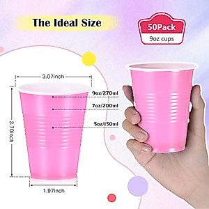 Uiifan 50 Pieces 9 oz Plastic Cups Disposable Drinking Cups Bulk for Beverage Coffee Picnics Christmas Day Birthday Party Wedding Halloween Thanksgiving(Pink)