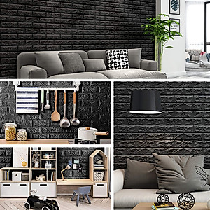 Sodeno 10 PCS Black 3D Wall Panels, 14.5 sq.feet Coverage, Printable Wallpaper Sticker with Self-Adhesive Waterproof Brick PE Foam Wall Panels Peel and Stick for Interior Wall Decor, Home Decoration