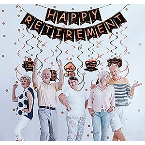 Retirement Party Decorations for Women Black Rose Gold Happy Retirement Banner and Swirls with Rose Gold Confetti Balloons Kit for Female Retirement Decor