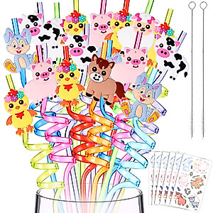 40 Pieces Farm Animals Straws Goodie Gifts, 6 Sheets Farm Animals Tattoos Sticker 32 Pcs Plastic Reusable Farm Animals Drinking Straws with 2 Cleaning Brushes for Kids Birthday Farm Party Supplies