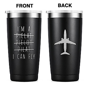 KIKERRO Funny Aviation Gifts - Cool Pilot Gifts for Men Women - I Can Fly - 20oz Stainless Steel Double Wall Vacuum Insulated Tumbler, Black