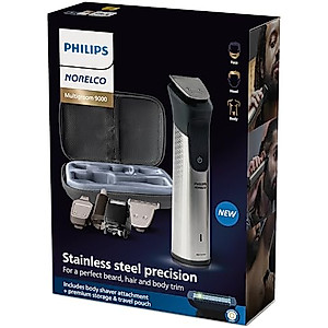 Philips Norelco Multigroom Series 9000 - 21 piece Men's Grooming Kit for beard, body, face, nose, ear hair trimmer w/ premium storage case, MG9510/60