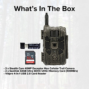 Stealth Cam 40MP Deceptor Max Cellular Trail Camera with 0.4-Second Trigger Speed (2-Pack) Bundle with 32GB Memory Card (2-Pack) and 4-in-1 Card Reader (4 Items)