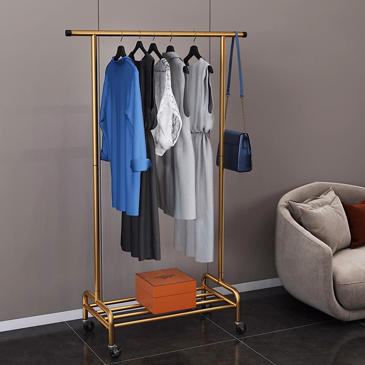 Metal Clothes Rail, Heavy Duty Clothes Rail with 1 Storage Shelf and 1 Clothe Rail, Garment Rail with Wheels, Black/Gold,60/80 * 40 * 160cm(Size:60 * 40 * 160CM,Color:Gold)