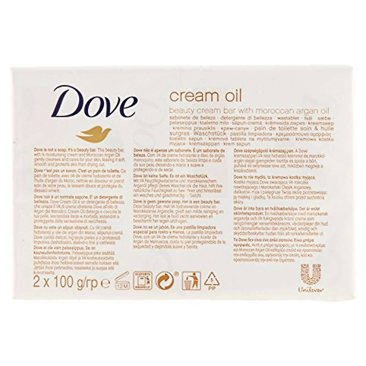 Dove: "Cream Oil Beauty Cream Bar with Moroccan Argan Oil * 3.5 Ounces (100g) Bars (Pack of 2) * [ Italian Import ]
