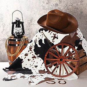 Yuefunny 7 Pcs Western Cowboy Party Decorations Cowhide Rug Wooden Wagon Wheel Brown Cowboy Hat Cast Iron Horseshoe Kerosene Lamp Golden Rope for Theme Birthday Go Wild Party Decor Wild West Party