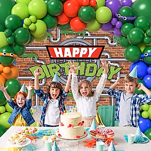 SNLN 153Pcs Turtle Birthday Party Decorations Supplies Kids Teen, Green Turtle Balloon Arch with Backdrop Tablecloth Googly Eye Long Balloons, Girls Boys Video Game Cartoon Turtle Birthday Decorations