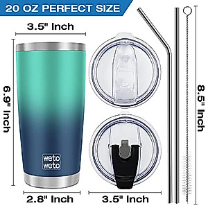 WETOWETO 20oz Insulated Stainless Steel Tumbler, Coffee Tumbler with 2 lids and 2 straws, Double Wall Vacuum Travel Coffee Mug, Powder Coated Leak-Proof Tumbler Cup (Green-Blue Gradient,1 Pack)