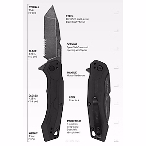 Kershaw Analyst Tanto Pocket Knife, 3.25" 8Cr13MoV Steel Blade, assisted opening, Liner Lock Folder EDC,Black