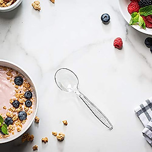 [300 Pack] Heavyweight Disposable Clear Plastic Soup Spoons - Engraved Design