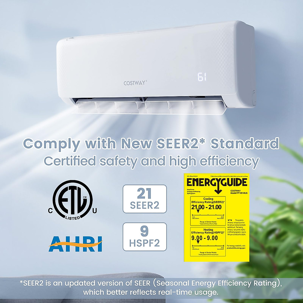 COSTWAY 18,000 BTU Mini Split Air Conditioner, with Heat Pump, 21 SEER2 Inverter Split AC Unit with 24H Timer, Auto Clean, Remote Control & Installation Kit for (18000BTU, 208-230V, 21 SEER2)