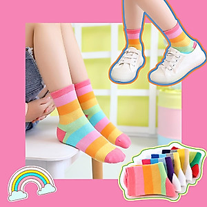 Marchare Girls Seamless Crew Cotton Socks Kids Casual Socks School Socks Rainbow Stripes Color A 5 Pack 6-8 Years