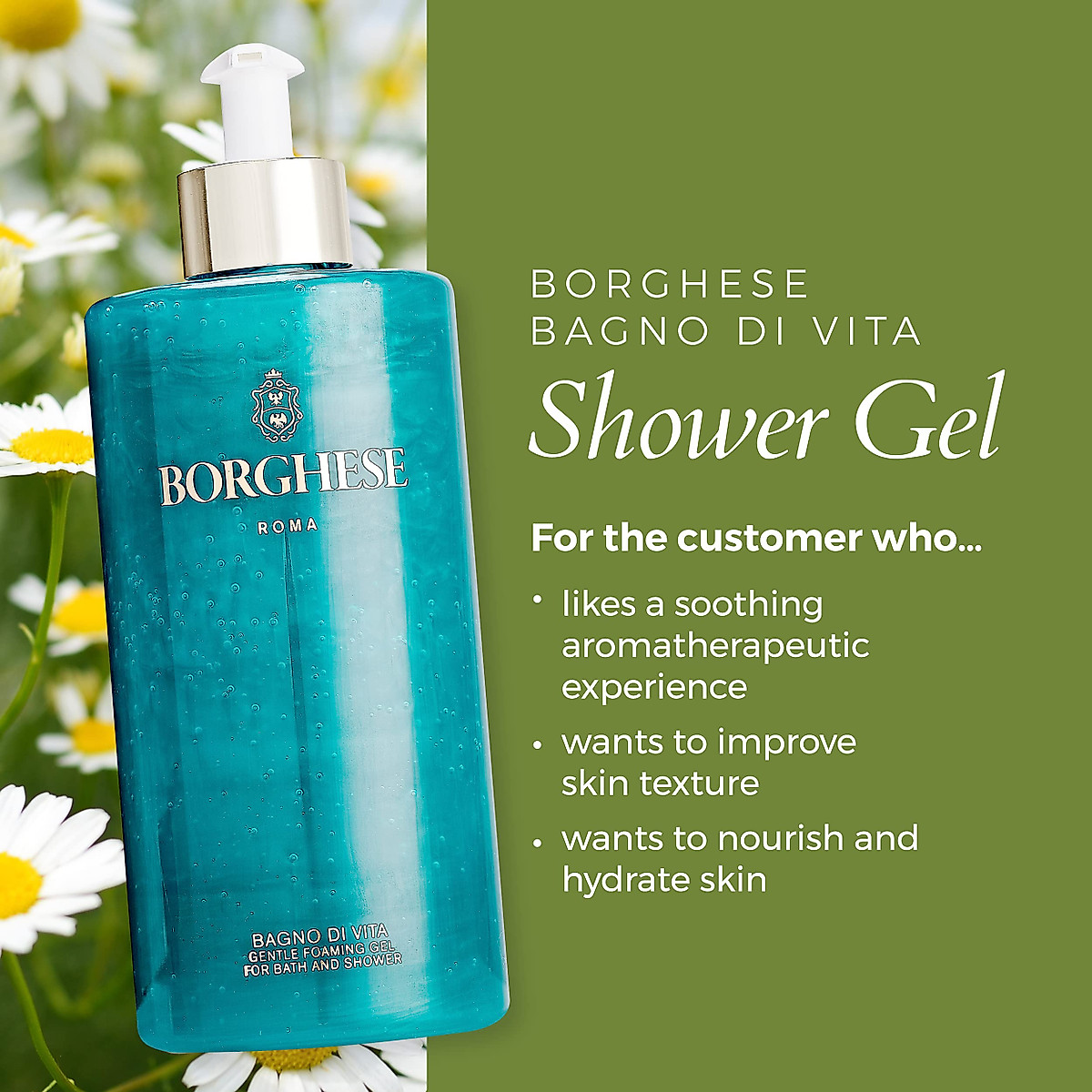 Borghese Bagno di Vita Gentle Foaming Bath & Shower Gel - Aromatherapy Hydrating Body Wash with Thyme, Chamomile & Sweet Almond Oil For All Skin Types