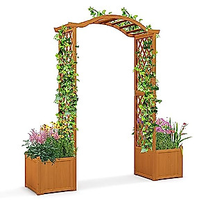 Giantex Garden Arbor with Planter, Wooden Planter Arch with Trellis, Outdoor Arch for Climbing Plants, Vegetables, Herbs, Decorations, Arbor Archway for Wedding, Ceremony, Party (Natural)