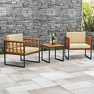 Tangkula 3 Pieces Patio Chair Set, Acacia Wood Outdoor Sofa Set with Metal Support, Soft Seat & Back Cushions Included, Cushioned Bistro Set for Balcony, Porch, Backyard (Beige)