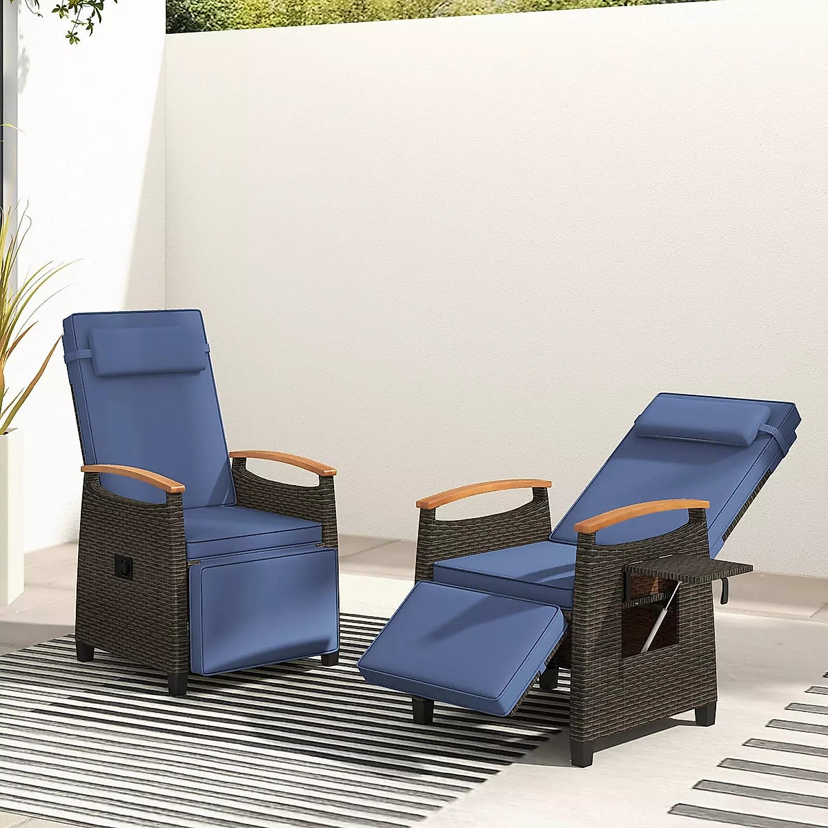 VcJta Elegant Patio Reclining Chair Set with Adjustable Back and Footrest, Wicker Design, includes Convenient Flip Side Table