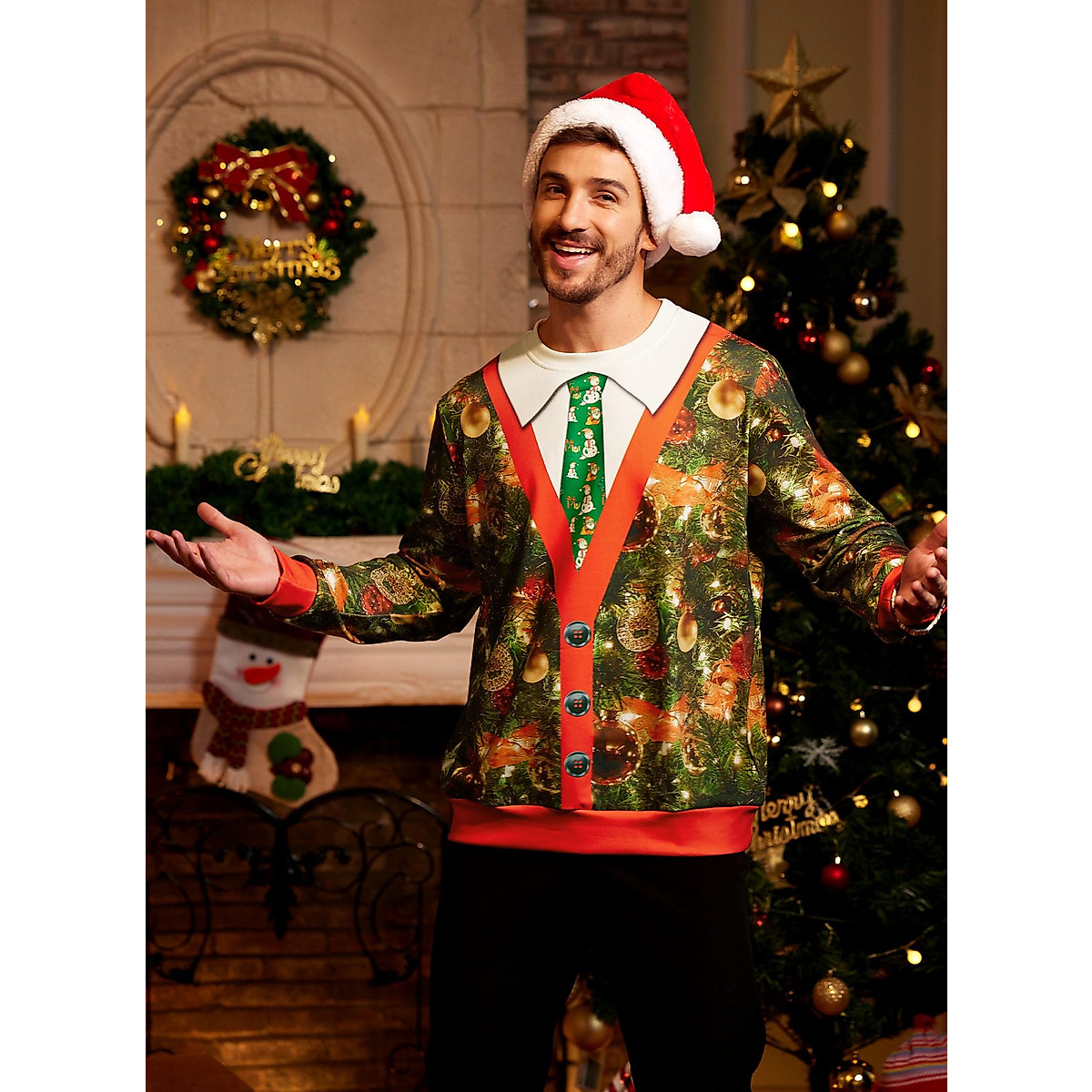 Arvilhill Christmas Men's Ugly Holiday Party Sweatshirt Tie Printed Light Bulb Long Sleeve Sweater Xmas Bells 2XL