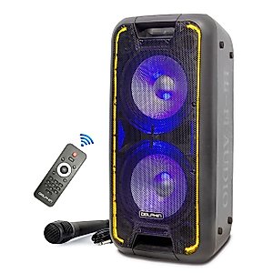 Dolphin SP-210RBT Dual 10" Bluetooth Party Speaker, Neon LED Lights, 3400W, Long-Lasting Battery, X-Bass, Trolley & Wheels