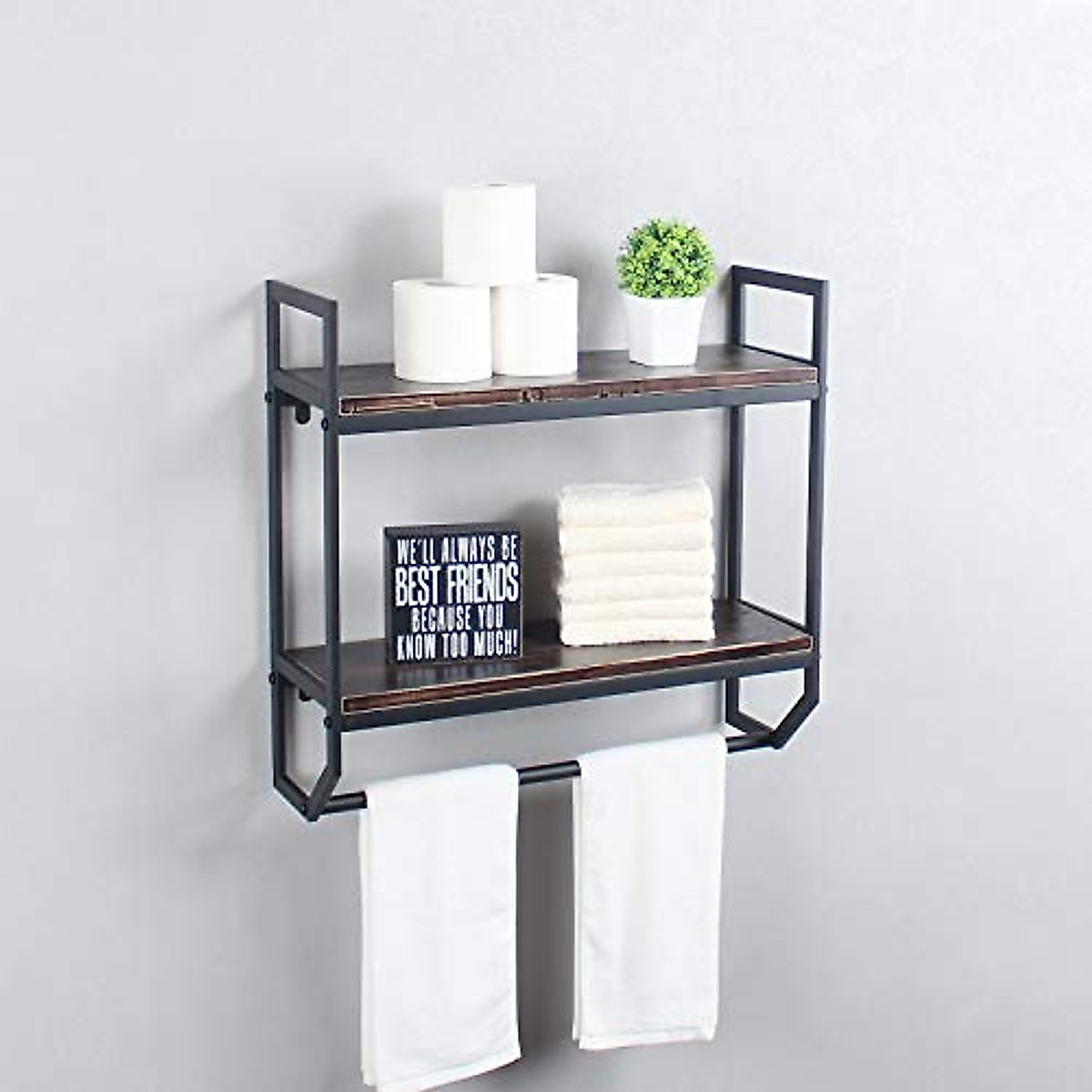 OISSIO Bathroom Shelves Wall Mounted,2 Layer Bathroom Shelf with Towel Bar,Storage Shelves for Kitchen,Metal&Wood Floating Shelves, Rustic Industrial Bathroom Shelves,Vintage Black