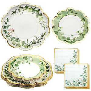 Tanlade 96 Pcs Sage Green Theme Party Supplies Plates and Napkins Serve 24, Disposable Eucalyptus Paper Plates Scalloped Dinner Plates 2 Ply Paper Napkins for Wedding Bridal Shower