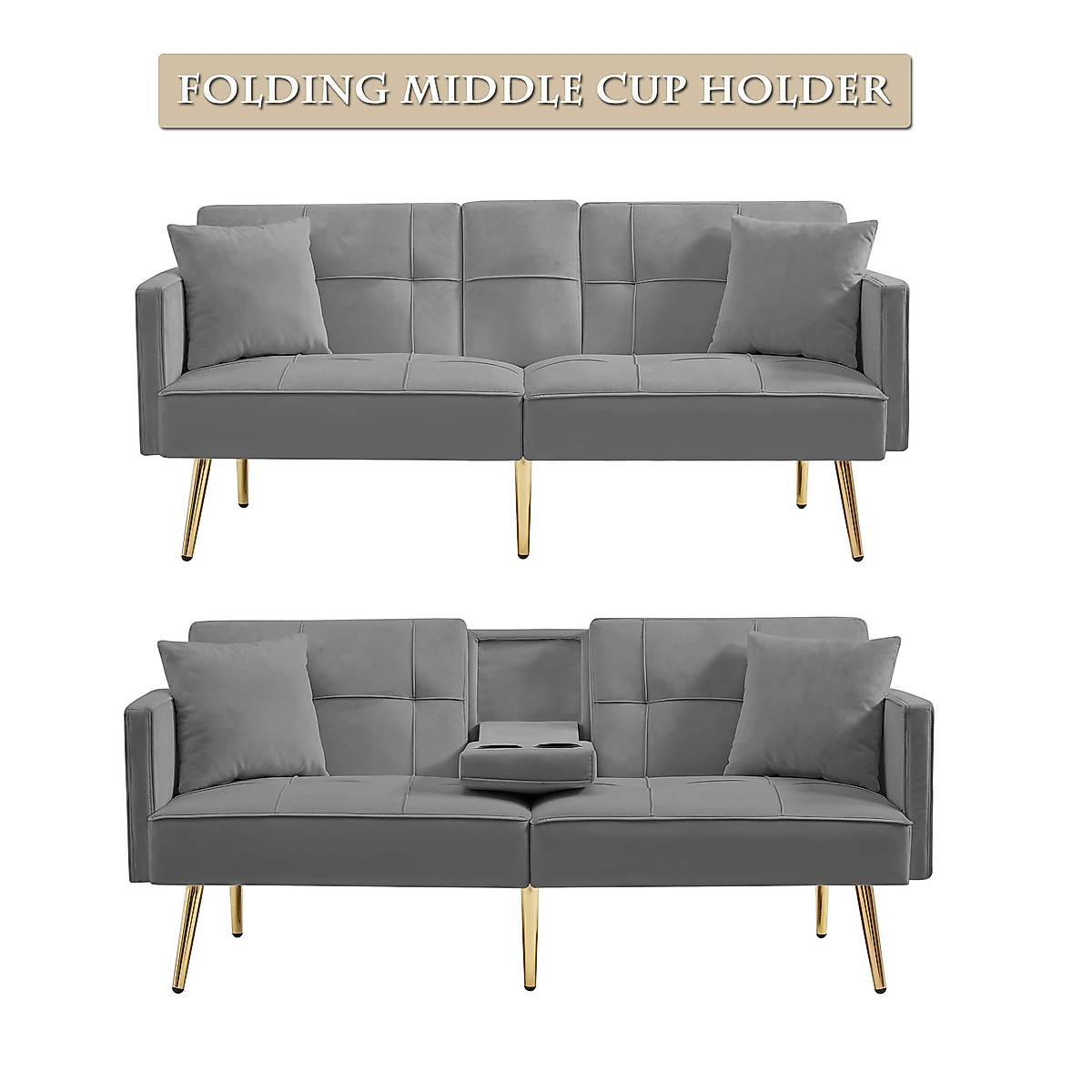 SEVENWOOD Velvet Futon Sofa Bed with Cup Holder,Velvet Small Loveseat Sleeper Bed, Modern Folding Sleeper Couch with 2 Pillows and 6 Gold Metal Legs for Living Room. (Grey)