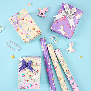 WERNNSAI Unicorn Wrapping Paper Rolls - 3 Rolls 17” x 120” Unicorn Birthday Wrapping Paper Rolls Pink Unicorn Rainbow Gift Wrap Paper Girls Purple Wrapping Paper Rolls Kids Bday Gift Wrap with Cutting Line