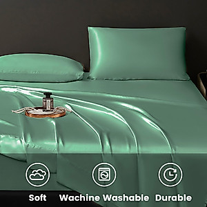 Revdomfly 4 Pcs Full Size Luxury Silky Soft Grass Green Satin Sheet Set,1 Premium Moisture Wicking Fitted Sheet Fits Up to 16 Inches Deep Pocket + 1 Flat Sheet + 2 Pillowcases（Grass Geen, Full）