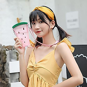 Cute Water Bottles with Straw | Kids Adjustable Shoulder Strap | Watermelon Ice Cream Water Jug | Anti-Fall Portable Popsicle Transparent Drink Bottle (B-Red)