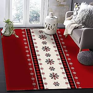 Area Rug Absorbent Non-Slip Rectangle Rug Christmas Snowflakes and Red Plaid Rugs for Living Room Bedroom Kitchen Entryway, Soft Floor Mat Indoor Carpet Accent Rugs 3x5 Feet