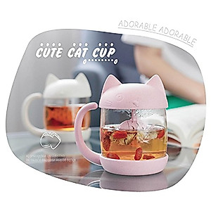 BigNoseDeer Cat Tea Cup Cute Tea Mug Glass Tea Pot with Fish Tea Infuser for Loose Leaf Tea (Pink 8oz)