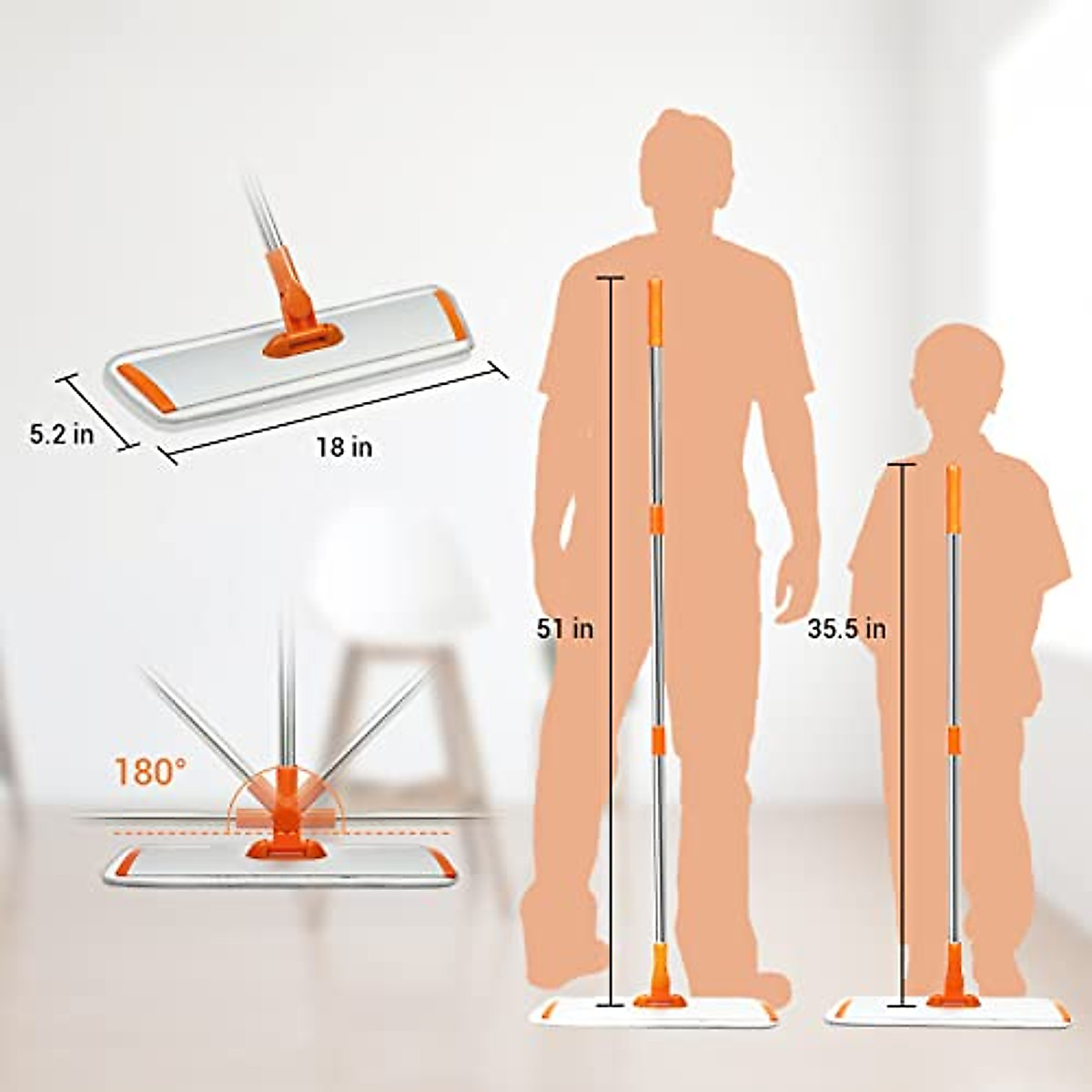 Worthland Mops for Floor Cleaning with 4 Reusable Microfiber Pads, 18" Wet and Dust Mop for Hardwood & Tile Household Cleaning Tools