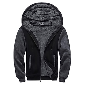 SCODI Hoodies for Men Heavyweight Fleece Sweatshirt - Full Zip Up Thick Sherpa Lined Black Grey XL