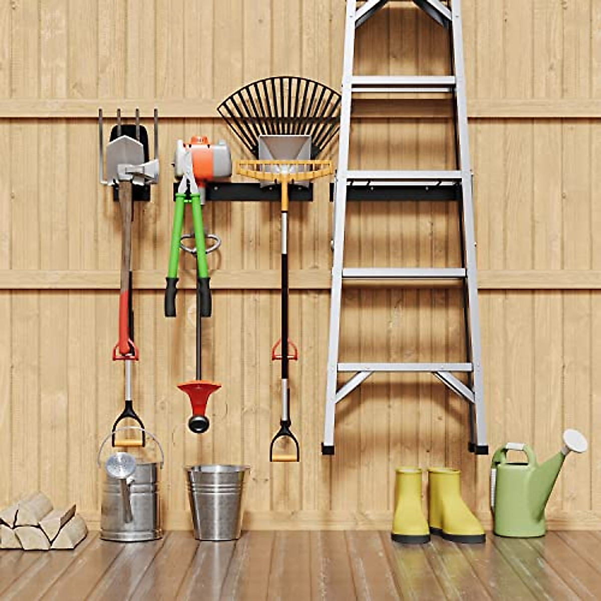 WIDEWHEEL Tool storage rack, garage wall mounted (with 6 hooks), heavy garden tool rack, can withstand 350 pounds, and can place brooms, mops, shovels, trimmers, water pipes, chairs, and More