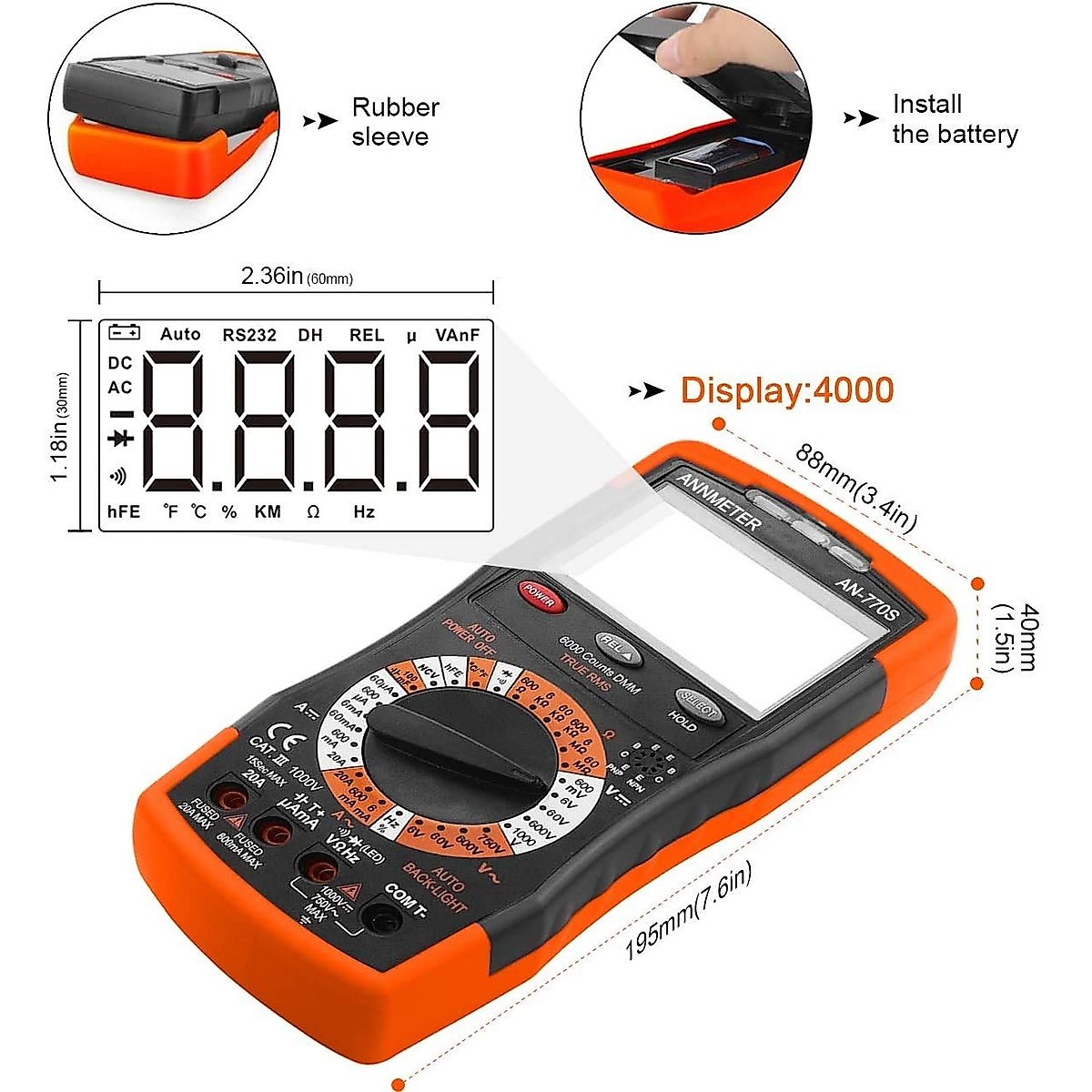 ANNMETER Digital Multimeter, AUTO-Ranging 6000 Counts TRMS DC&AC Vlotmeter Ohm Amp Resistance Capacitor Meter, Measures Frequency Duty Cycle Temp Transistor hEF AN-770S