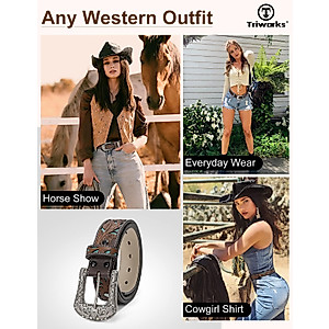 TRIWORKS Western Belts for Women Cowgirl,Cowboy Bling Country Turquoise Belts for Jeans Pants Dresses,B-Brown/Blue