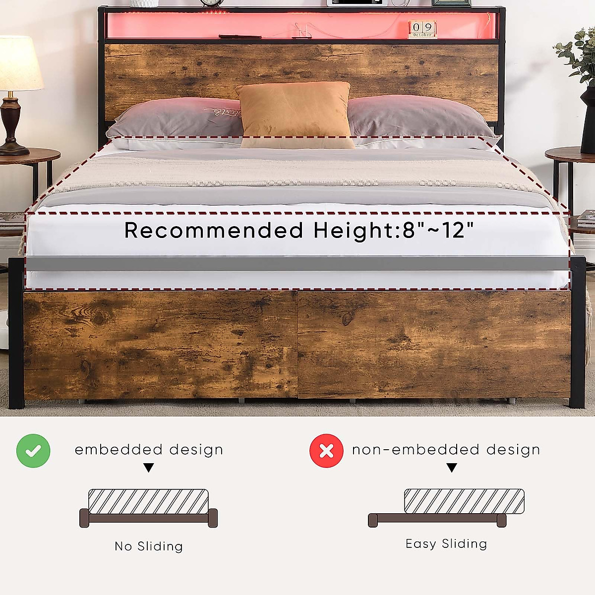 FTOPBTB Industrial Queen Size Bed Frame with Storage Headboard and 2 Drawers, LED Smart Bed Frame with Charging Station, Metal Platform Bed No Noise, Metal Slats Support, No Box Spring Needed (Queen)