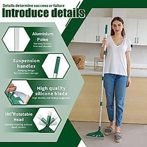 Squeegee Broom with Replaceable V-Shape Brush Head for Floor, Tile, Deck, Window, Bonus 2 Rod Holder Storage Clips, Dark Green