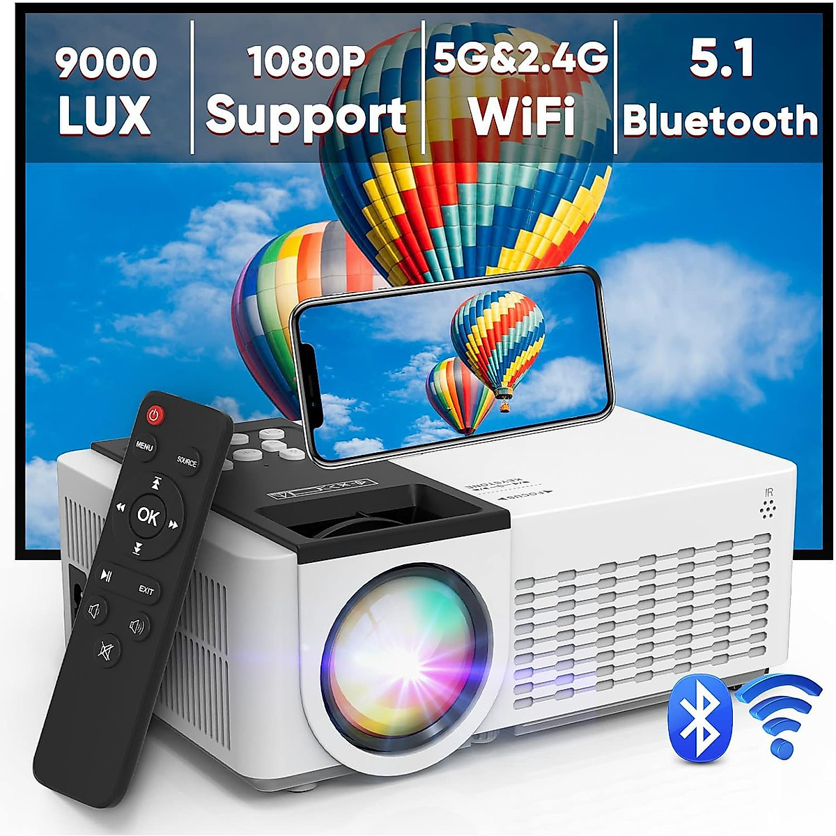 Projector with 5G WiFi and Bluetooth,2023 Upgrade 9000Lumens Full HD 1080P Supported Portable Projector,5.1 Bluetooth Mini Outdoor Movie Projector Compatible with HDMI,USB,AV,Laptop and Smartphone