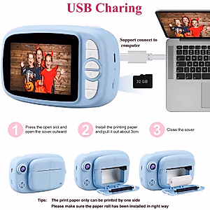 Kids Instant Camera, Mijiaowatch 12MP/1080P Kids Digital Print Camera with 3.5 Inch Cameras for Kids 32GB TF Card, Kids Gift Toys for Ages 3-14 (Blue)