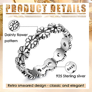 Diamday 925 Sterling Silver Ring Retro Daisy Rings for Women Daisy Flower Hawaiian Ring High Polish Flower Rings Comfort Fit Flower Stacking Band Ring Dreamland Jewellery Size 9