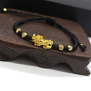 N/Q Handmade Carved Mantra Stone Pi Xiu Feng Shui Black Obsidian Wealth Lucky Bracelet for Women Men Adjustable 14K Gold Plated Braided Rope Amulet Bracelet Protection Jewelry-C black red