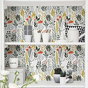 Livebor Floral Wallpaper Peel and Stick Wallpaper Floral Contact Paper 17.7inch x 118.1inch Modern Green Leaf Wallpaper Boho Floral Wallpaper Self Adhesive Wallpaper for Bedroom Leaves Wallpaper Vinyl