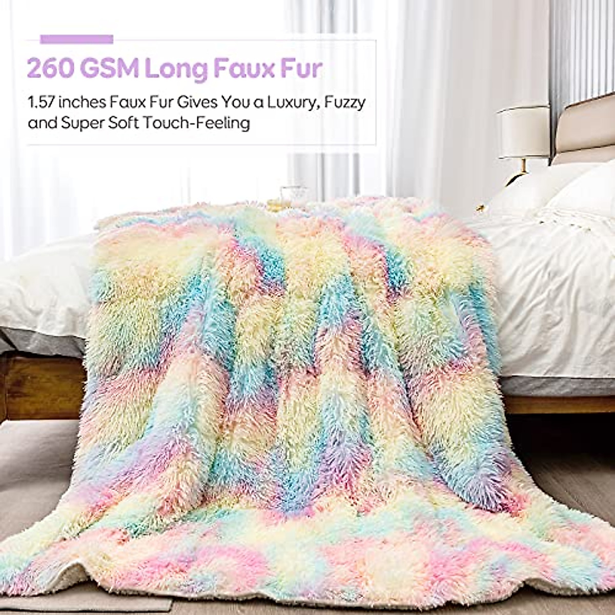 Cottonblue Faux Fur Weighted Blanket 15 lbs for Adult 48x72 Inches, Plush Shaggy Fluffy Throw Blanket Twin ​Size, Cozy Warm Furry Weighted Blanket for Couch Sofa Chair Home Decor, Rainbow