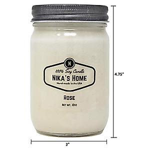 Nika's Home Rose Soy Candle 12oz Mason Jar Non-Toxic White Soy Candle-Hand Poured Candle- Handmade, Long Burning 50-60 Hours Highly Scented All Natural, Clean Burning Large Candle Gift Décor