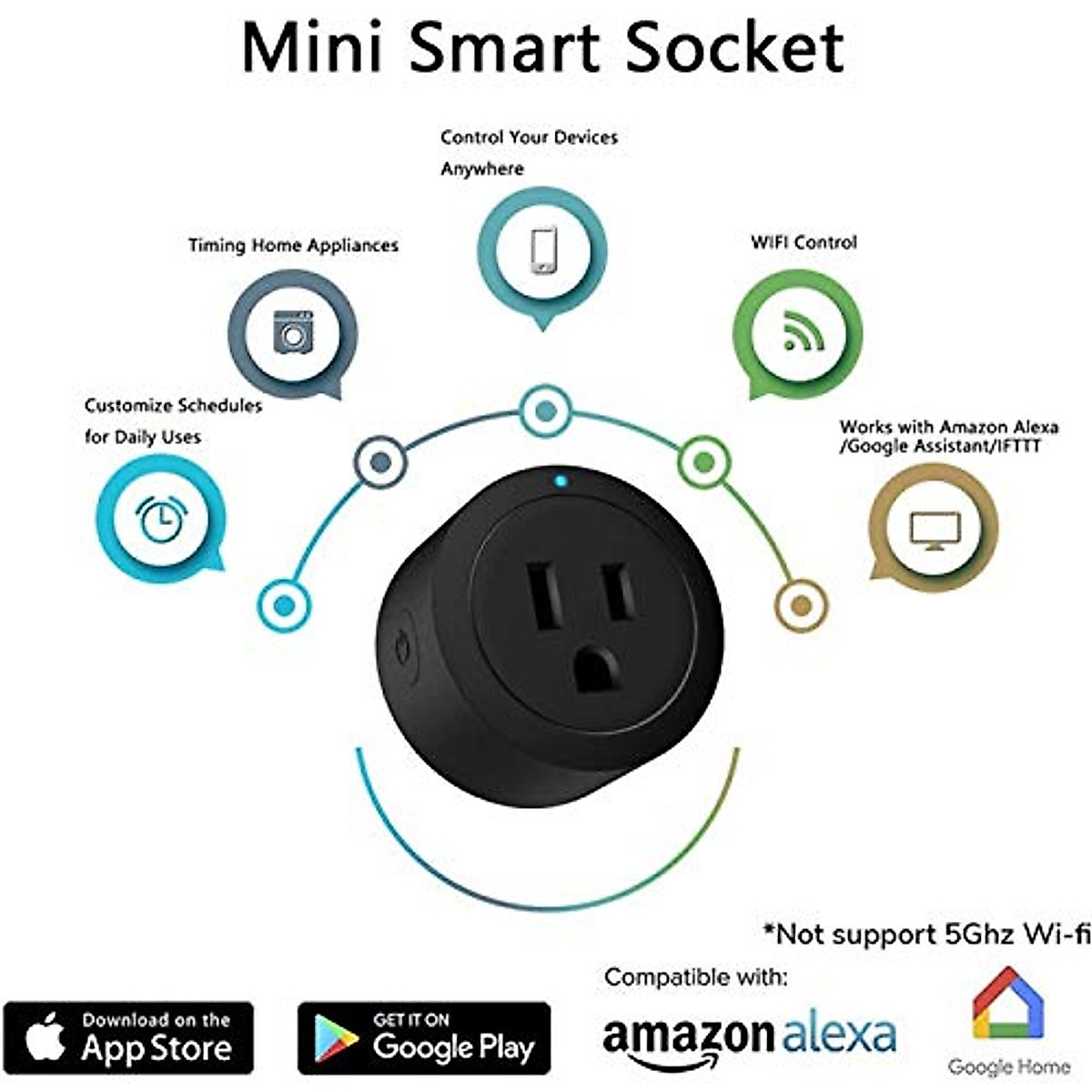 RYRA WiFi Smart Socket, 10A Smart Plug Compatible with Alexa and Google Home, Remote Control with Timer Function, Voice Control Outlet