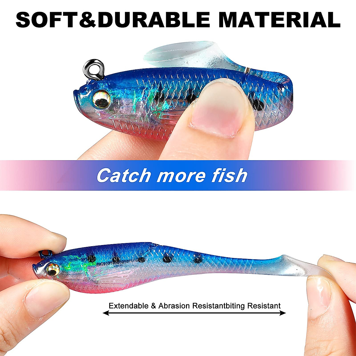 PLUSINNO Fishing Lures, Trout Pike Walleye Bass Fishing Jig Heads, Pre-Rigged Soft Swimbaits with Ultra-Sharp Hooks, Bass Lures with Paddle Tail, Fishing Bait for Saltwater & Freshwater…