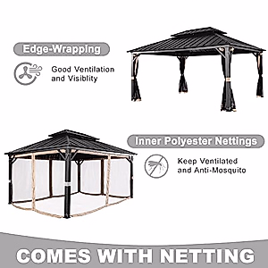 12' x 16' Gazebo, Outdoor Double Roof Canopy Hardtop Gazebo with Large Aluminum Frame, Galvanized Steel Top Gazebo with Ventilation and Mosquito Nettings, for Patio, Backyard, Deck and Lawns